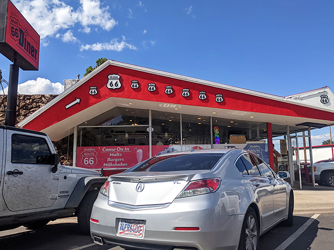 A slice of Americana, served with a side of nostalgia! Goldies Route 66 Diner stands proud, its red exterior as inviting as a warm cherry pie on a windowsill.