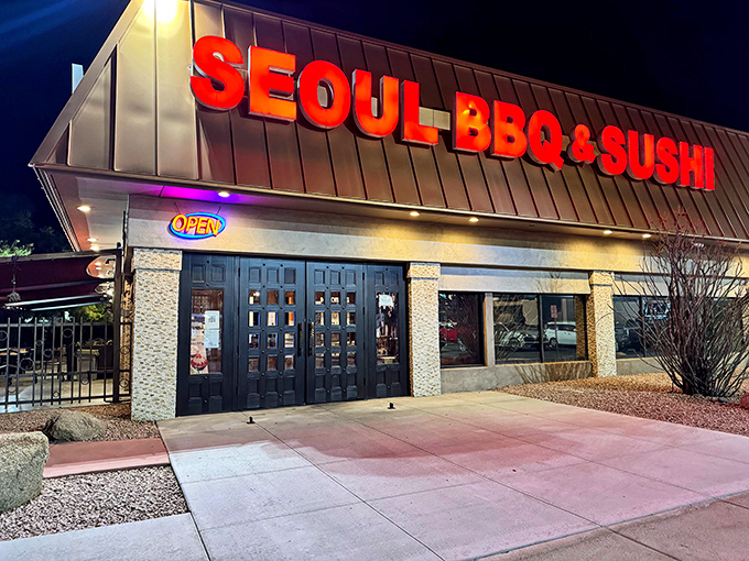 The bold red letters of Seoul BBQ & Sushi against the desert sky is like finding an oasis of flavor in Phoenix's beige landscape. 