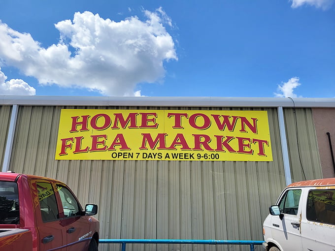 The bright yellow sign beckons like a lighthouse for bargain hunters. Don't judge this treasure trove by its unassuming exterior. 