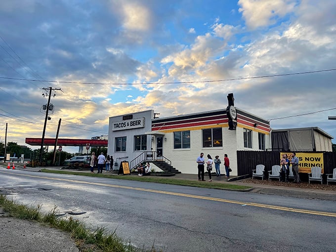 The "TACOS & BEER" sign isn't just a promise&mdash;it's a mission statement. Camp Taco's exterior blends retro charm with modern flair, like your favorite summer camp grew up and got cool.