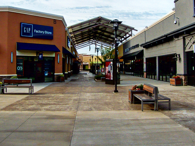 The modern, spacious walkways of Outlets of Little Rock invite shoppers to stroll comfortably between bargain havens like GAP Factory Store.