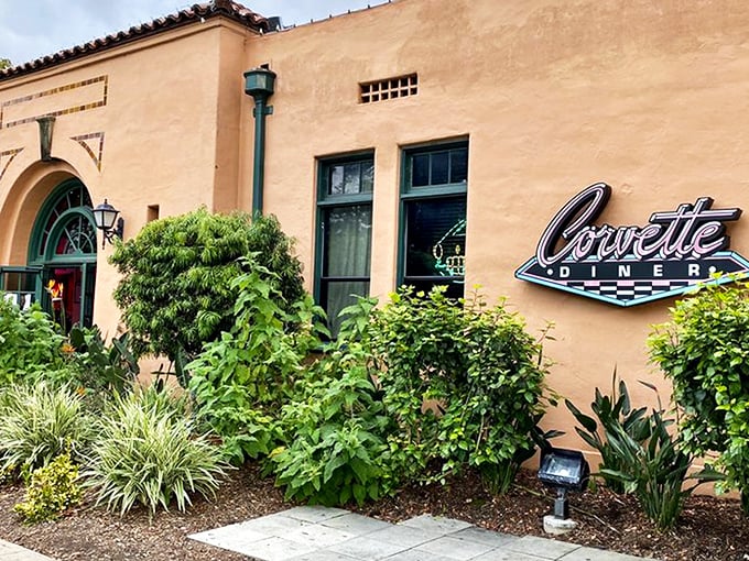 The unassuming exterior plays it cool, like a 1950s heartthrob hiding behind sunglasses. This stucco fa&ccedil;ade in Liberty Station conceals a time machine within.
