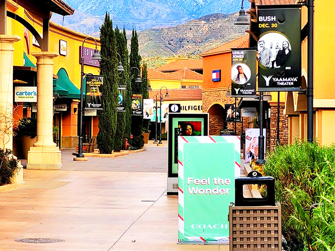 Desert chic meets shopping paradise at Desert Hills Premium Outlets, where terra cotta buildings and palm trees frame your bargain-hunting adventure.