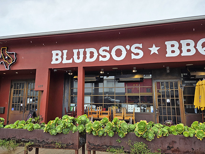 The crimson facade of Bludso's stands like a temple to Texas tradition, complete with succulent planters that say, "Slow down, you're about to enter sacred smoke territory."