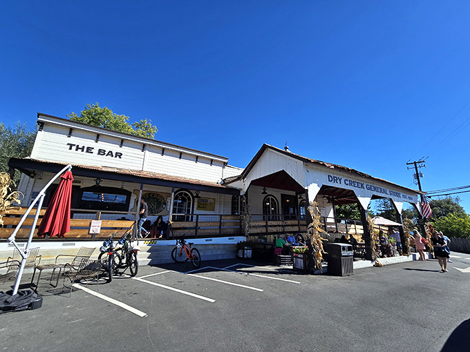 The white clapboard facade of Dry Creek General Store stands proudly against the California sky, a time capsule from 1881 that's still very much alive and kicking.