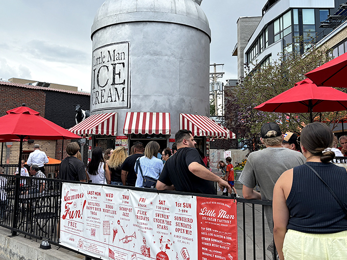 The iconic 28-foot milk can stands proudly against Colorado's blue sky, a beacon of sweetness in Denver's LoHi neighborhood. Ice cream architecture at its finest!