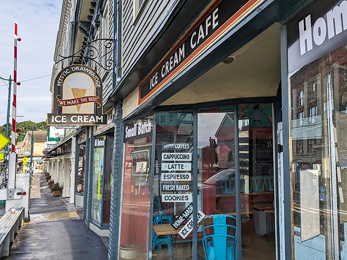 The historic charm of Mystic Drawbridge Ice Cream's exterior isn't just for show—it's the prelude to a symphony of flavors waiting inside.