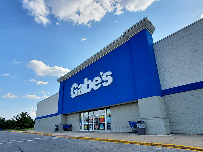 The iconic blue Gabe's sign beckons like a lighthouse for bargain hunters. No fancy frills, just the promise of deals that'll make your wallet sigh with relief.