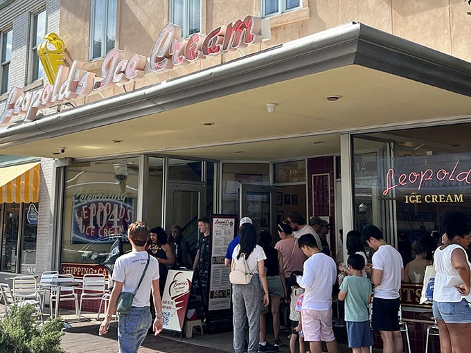 The iconic Leopold's marquee beckons like an old friend. That red neon sign isn't just advertising&mdash;it's promising happiness by the scoop.