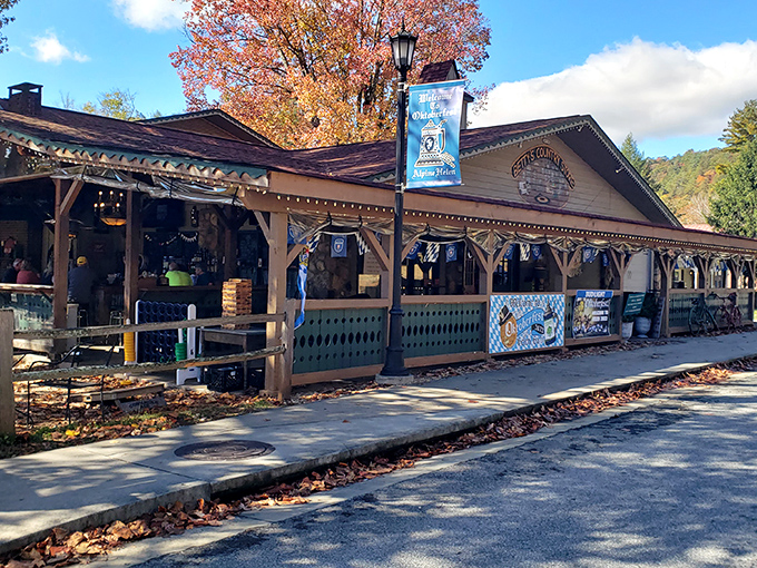 Betty's Country Store stands proud along Helen's Main Street, a rustic wooden oasis promising treasures both edible and essential beneath its charming Alpine-inspired roofline.