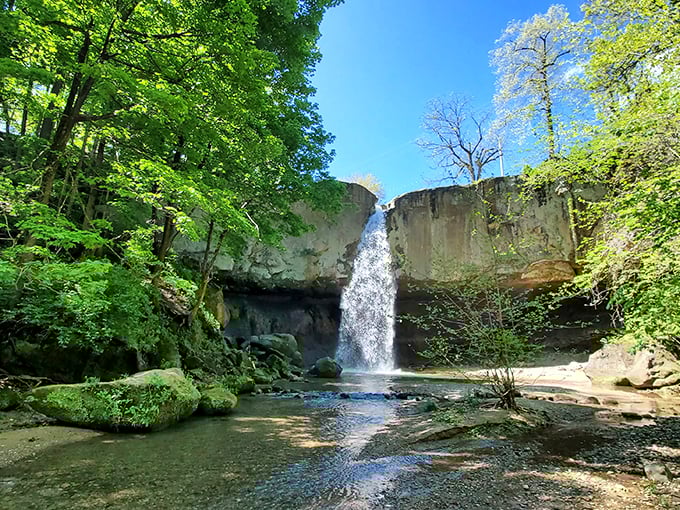 Nature's masterpiece in full display. The 84-foot cascade of Williamsport Falls plunges dramatically between limestone cliffs, creating Indiana's tallest free-falling waterfall spectacle.
