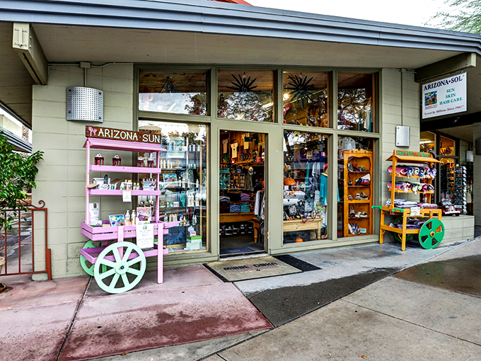 The unassuming storefront of Kactus Jock beckons with colorful displays that spill onto the sidewalk, promising treasures within that celebrate all things Arizona. 