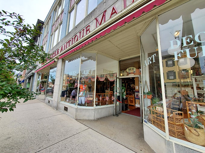 The iconic blue facade of The Carlisle Antique Mall stands proudly on Hanover Street, a time capsule waiting to be explored. 