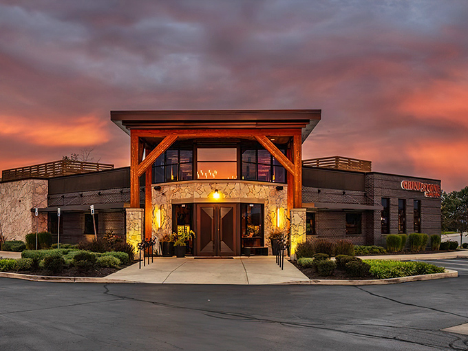 Sunset at Grindstone isn't just a time of day&mdash;it's a spectacle. The stone fa&ccedil;ade and timber beams glow like they're auditioning for a Hoosier postcard.