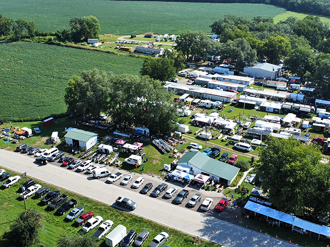 From this aerial view, Sparks Flea Market resembles a treasure hunter's Disneyland&mdash;white tents and colorful displays sprawling across the Kansas countryside.