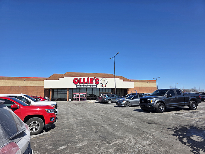 The iconic Ollie's storefront promises "Good Stuff Cheap" beneath that cartoon mascot grin &ndash; retail therapy's most honest advertising campaign.