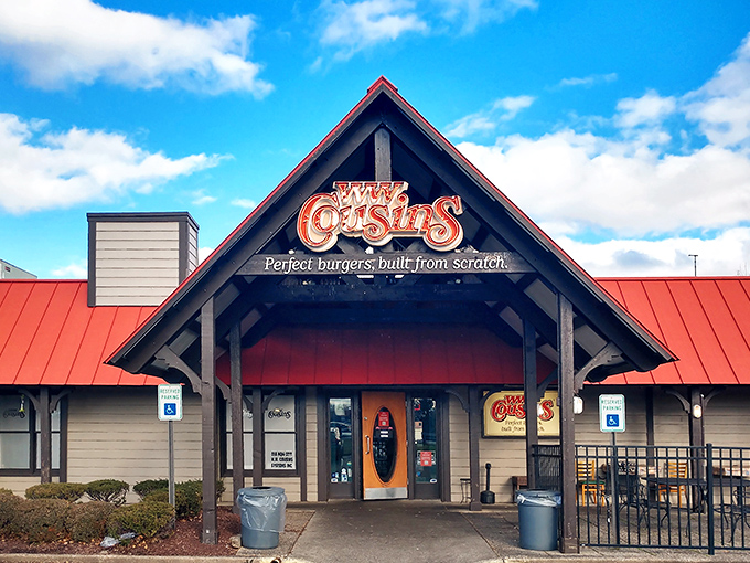 The iconic red-roofed entrance promises burger nirvana within. "Perfect burgers, built from scratch" isn't just a slogan&mdash;it's a Louisville guarantee.