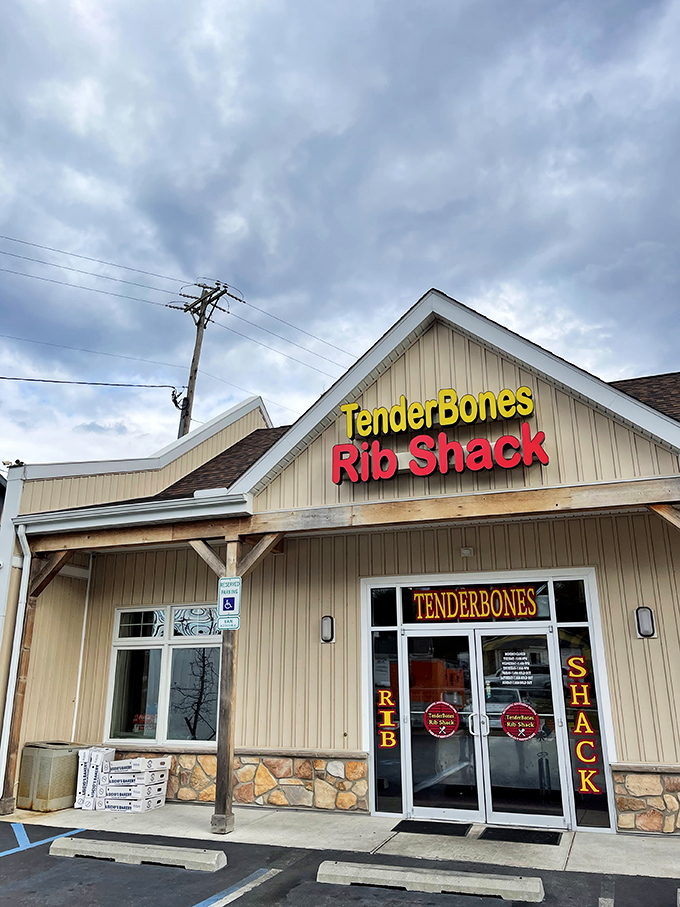 The barbecue promised land awaits behind that unassuming tan exterior. TenderBones Rib Shack's bright sign is like a beacon for smoke-seeking pilgrims.