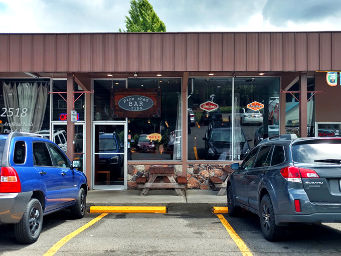 The rustic wooden exterior of Pine Shed Ribs isn't trying to impress anyone&mdash;until you smell what's cooking inside. Barbecue authenticity at its finest.