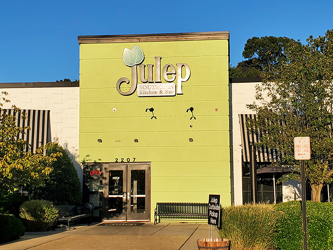 The lime green beacon of Julep Southern Kitchen & Bar stands out in Annapolis like a friendly Southern hello, complete with inviting benches for pre-feast relaxation.