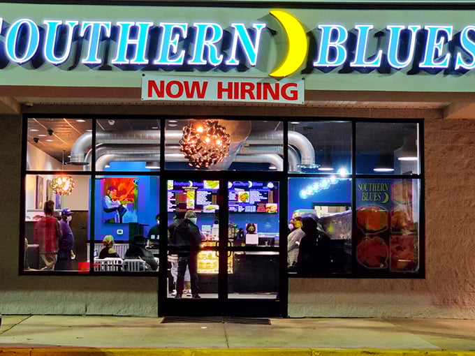The bright blue sign with its cheerful yellow moon beckons like a lighthouse for the hungry soul. Southern comfort awaits inside.