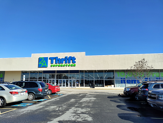The blue sky perfectly frames this thrift paradise, where the "Superstore" part of the name isn't just clever marketing&mdash;it's a literal description of the treasure-hunting space that awaits.