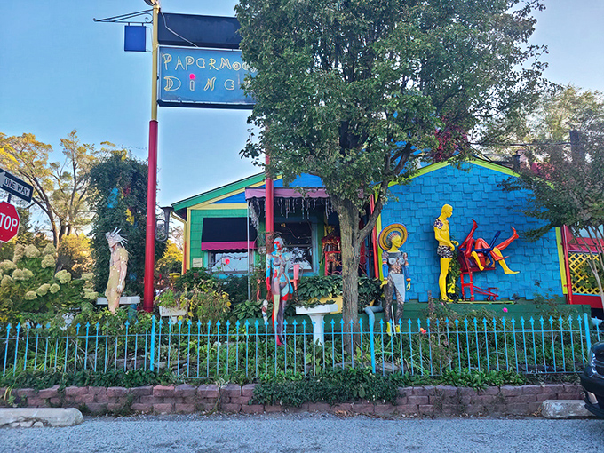 The PaperMoon's exterior is like a rainbow that decided to settle down and serve breakfast. Mannequins stand guard, welcoming hungry adventurers to Baltimore's quirkiest dining destination.