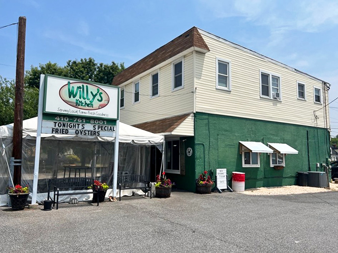 The mint-green exterior of Willy's Kitchen stands like a time capsule in Glen Burnie, promising comfort food treasures within. Tonight's special: fried oysters!