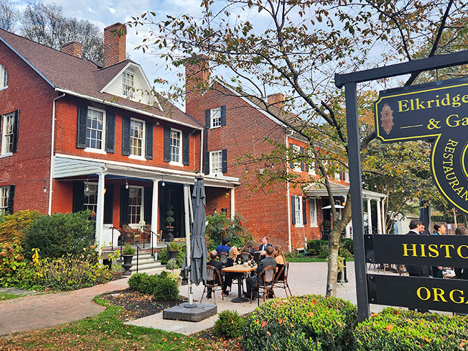 History wrapped in brick and mortar! The Elkridge Furnace Inn's stately exterior whispers stories from the 1700s while promising modern culinary delights inside.