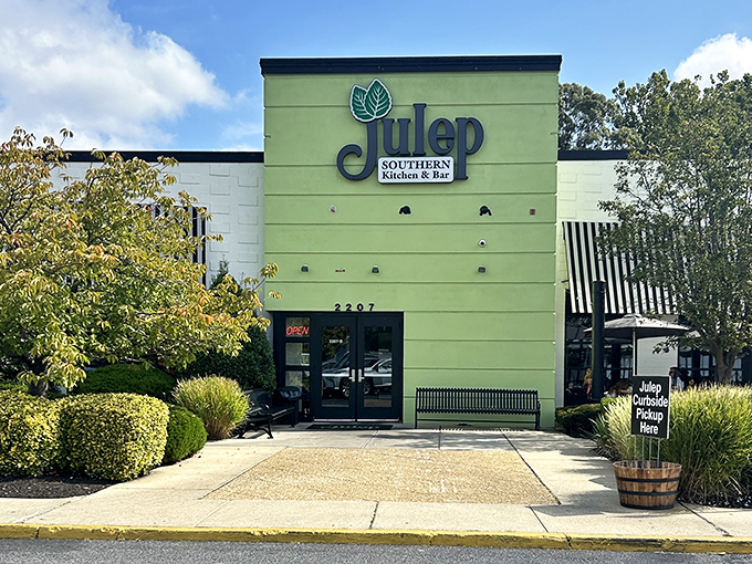 The lime green beacon of Julep Southern Kitchen & Bar stands out in Annapolis like a friendly Southern hello, complete with inviting benches for pre-feast relaxation.