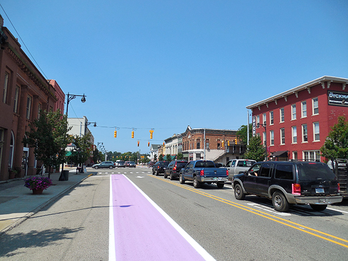 Downtown Paw Paw greets you with that perfect small-town charm – complete with a purple bike lane that says "we're quirky and proud of it."