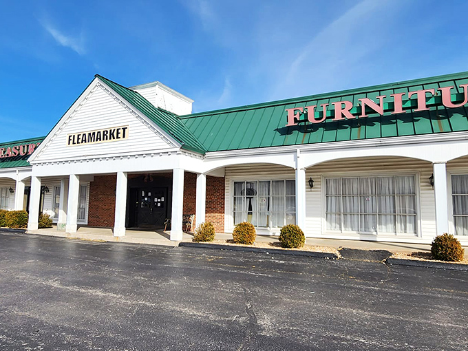 The stately exterior with its distinctive green roof announces "FLEAMARKET" like a siren song to treasure hunters everywhere.