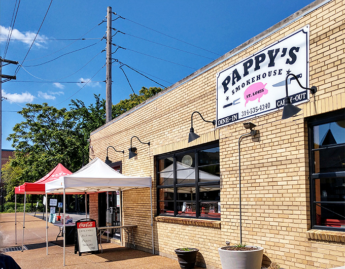 The unassuming yellow brick exterior of Pappy's Smokehouse &ndash; where BBQ pilgrims willingly make the journey for meat nirvana.