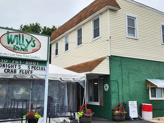 The mint-green exterior of Willy's Kitchen stands like a time capsule in Glen Burnie, promising comfort food treasures within. Tonight's special: fried oysters!
