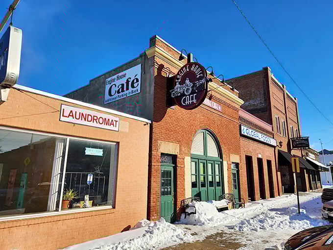 The historic brick facade of Engine House Cafe stands proudly against Nebraska's big sky, a beacon for breakfast enthusiasts and history buffs alike.
