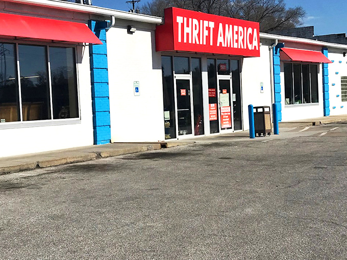 The iconic red signage of Thrift America beckons bargain hunters like a lighthouse for the frugally fashionable. This Omaha landmark promises treasures within.