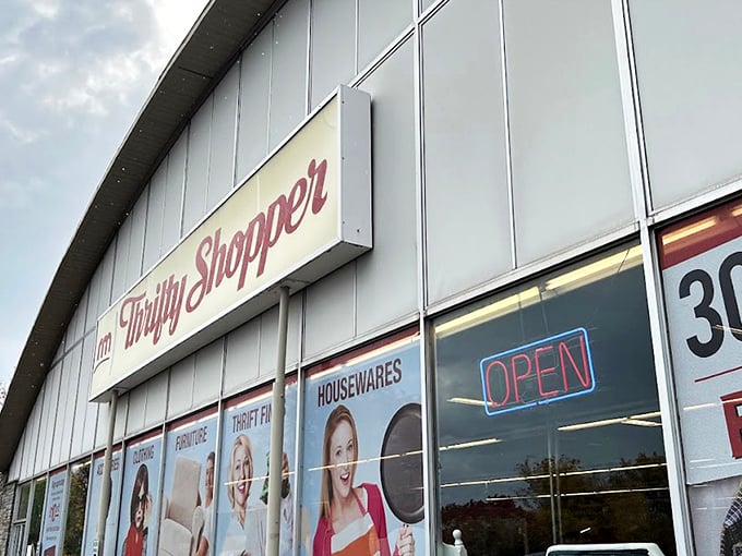The curved roof of Thrifty Shopper stands like a cathedral of secondhand treasures, promising retail adventures that won't break the bank.