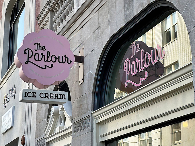 The historic storefront of The Parlour beckons with its elegant arches and charming pink logo—Durham's equivalent of finding Willy Wonka's golden ticket.