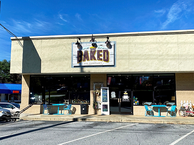 The unassuming exterior hides a pie paradise within, where Arden's sweetest secrets are kept behind a simple storefront sign. 