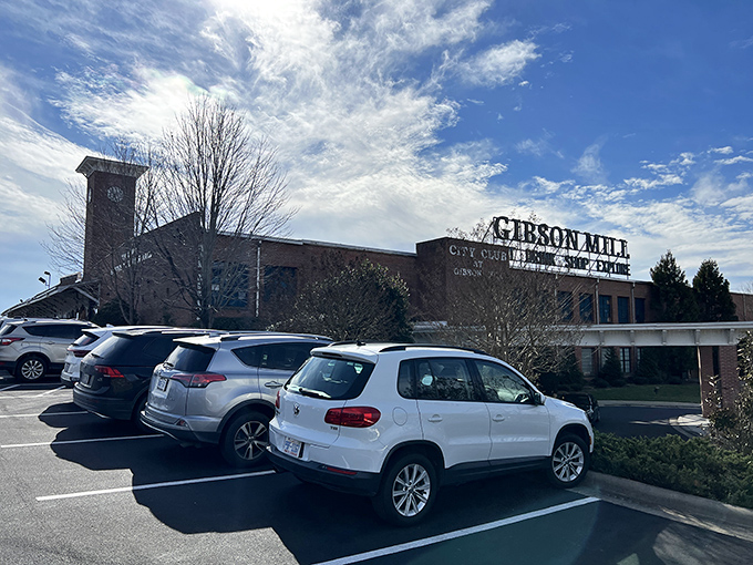 The iconic clock tower of Gibson Mill stands sentinel over this treasure hunter's paradise, beckoning visitors with promises of nostalgic discoveries inside.