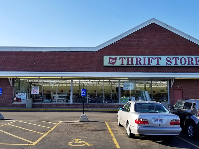 The brick facade of Ohio Thrift Store stands like a temple to secondhand treasures, promising adventures in bargain hunting behind its unassuming exterior.