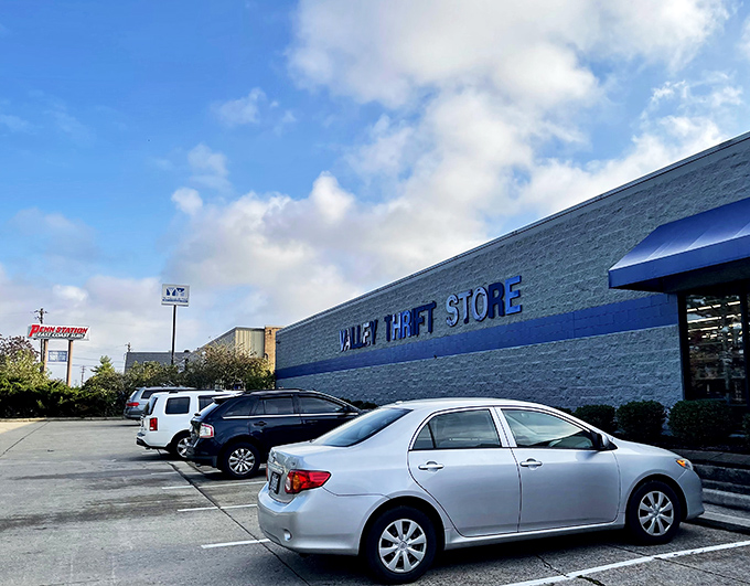 The blue-fronted fortress of frugality awaits! Valley Thrift Store's unassuming exterior hides a universe of secondhand treasures inside.