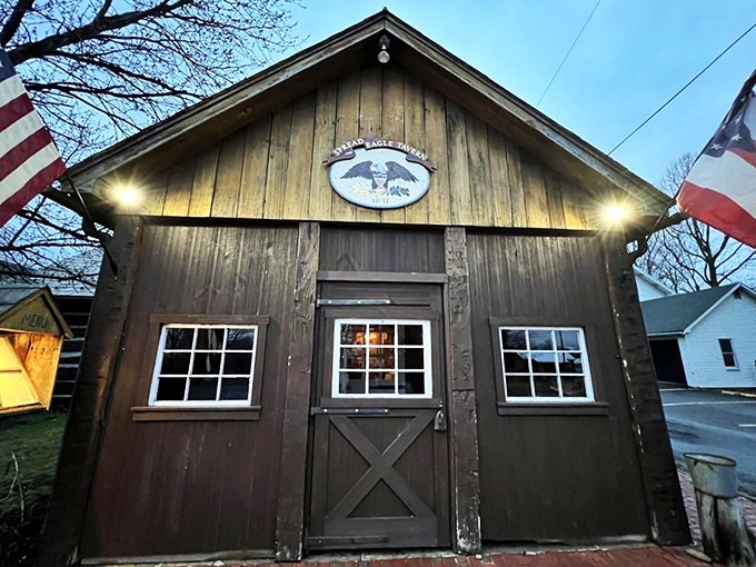 History stands tall at the Spread Eagle Tavern, where the rustic wooden exterior and iconic eagle emblem have welcomed travelers since Andrew Jackson's presidency.