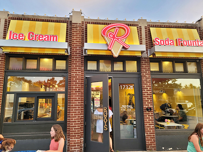 The iconic yellow awnings and signature "R" logo of Roxy's beckon like a sweet siren call, promising frozen bliss in Oklahoma City's vibrant Plaza District.