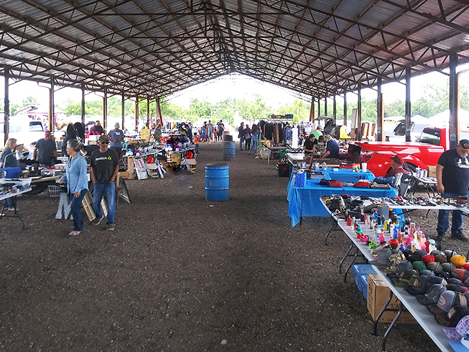 The cathedral of commerce! Mary's Swap Meet's massive pavilion houses hundreds of vendors under one roof, creating a bargain hunter's paradise in Oklahoma City.