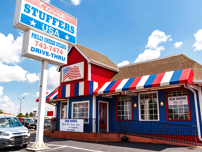 The red, white, and blue exterior of Steak Stuffers USA isn't subtle, but neither are the flavors waiting inside this patriotic sandwich paradise.