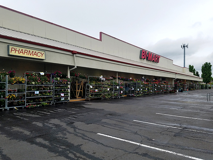 The iconic red Bi-Mart sign against a blue Oregon sky promises treasure hunting adventures within. Garden plants stand ready for your next backyard project.