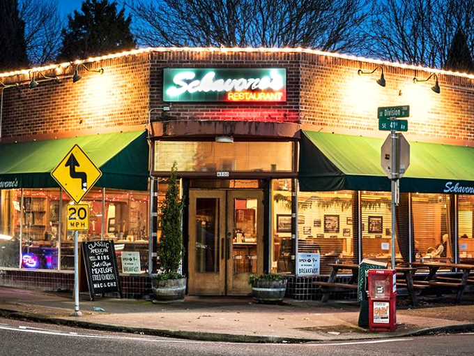 The iconic green awning of Sckavone's welcomes hungry Portlanders like an old friend who always knows exactly what you need.