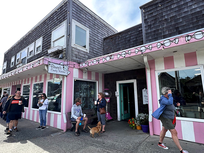 The pink and white striped façade of Bruce's Candy Kitchen stands out like a Wes Anderson film set come to life in Cannon Beach's coastal landscape.