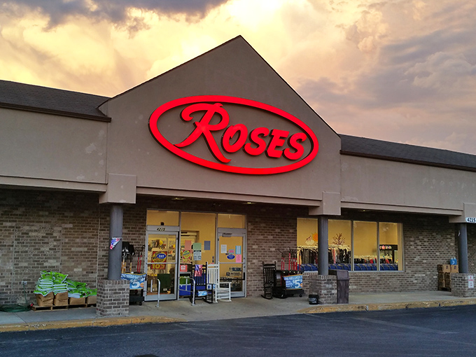The iconic red Roses sign beckons bargain hunters like a retail lighthouse guiding ships to shore. Treasure awaits inside! 